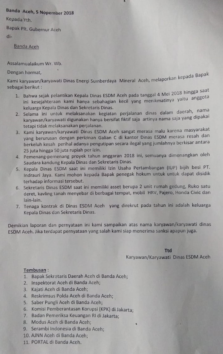 Keluhkan Kinerja Kadis, Karyawan Dinas ESDM Kirim Surat Kaleng ke Plt ...