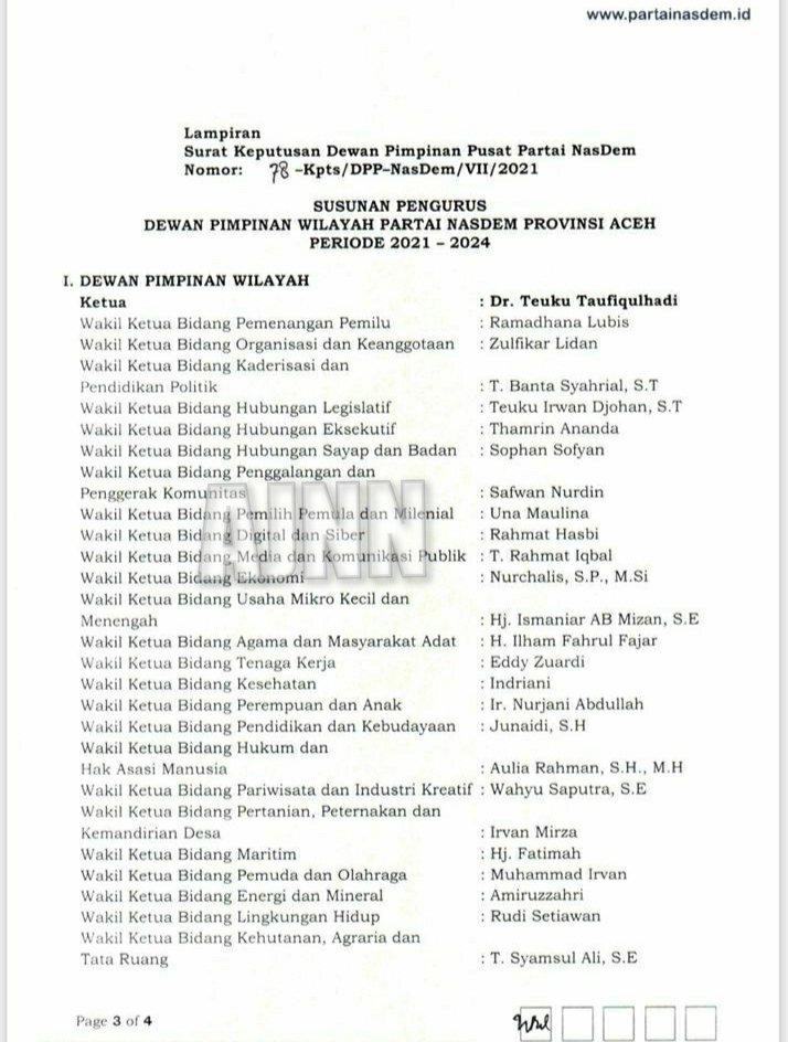 Struktur Lengkap Pengurus Baru DPW Partai NasDem Aceh